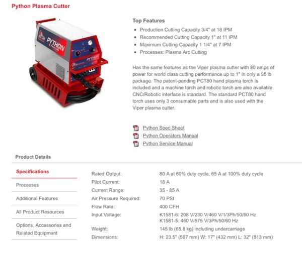 Lincoln Python K1581-5 Plasma Cutter